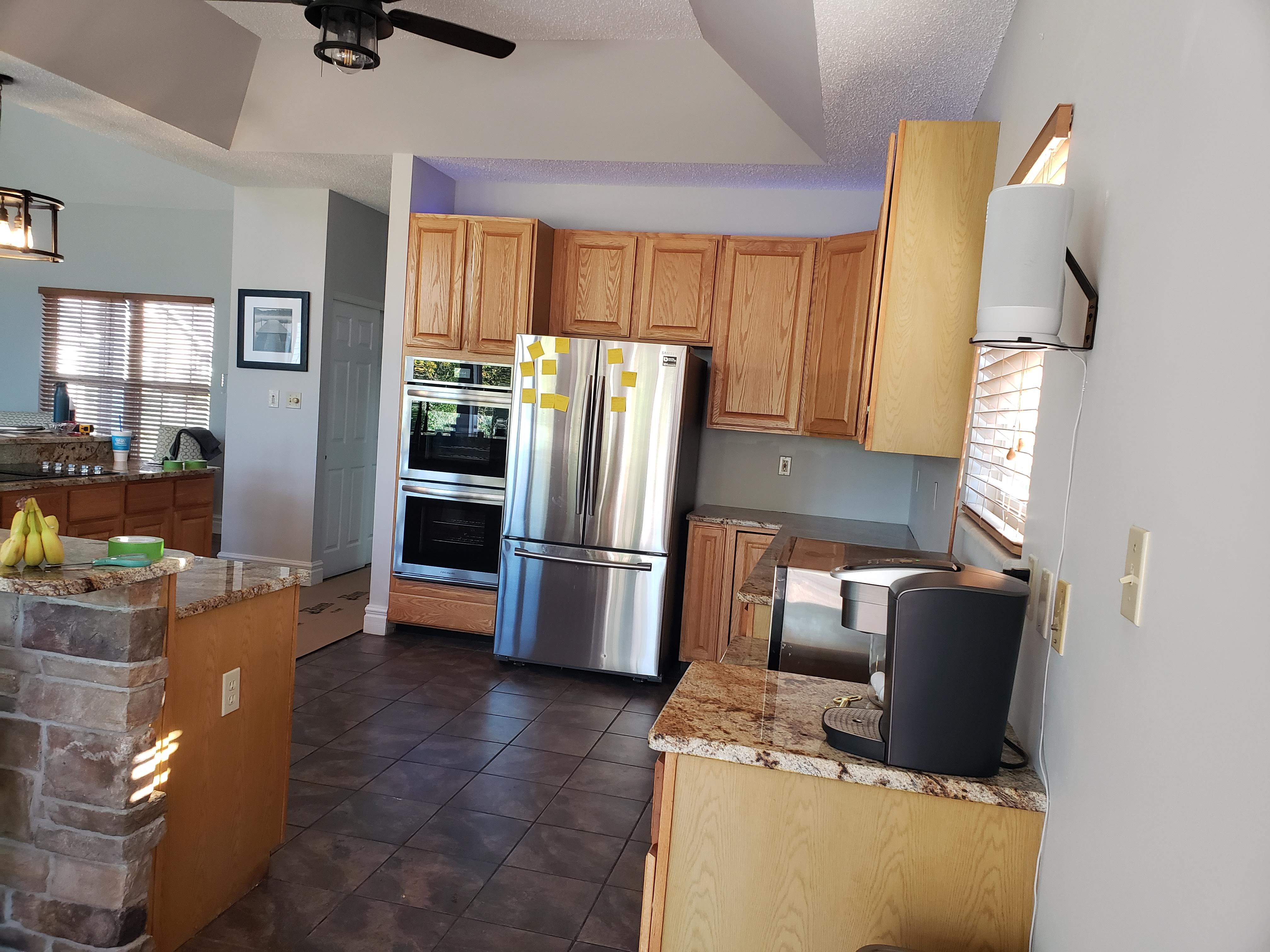 Regent Blue, Beveled Shaker, Wine Cubes, Stacked Cabinets, Black Hardware