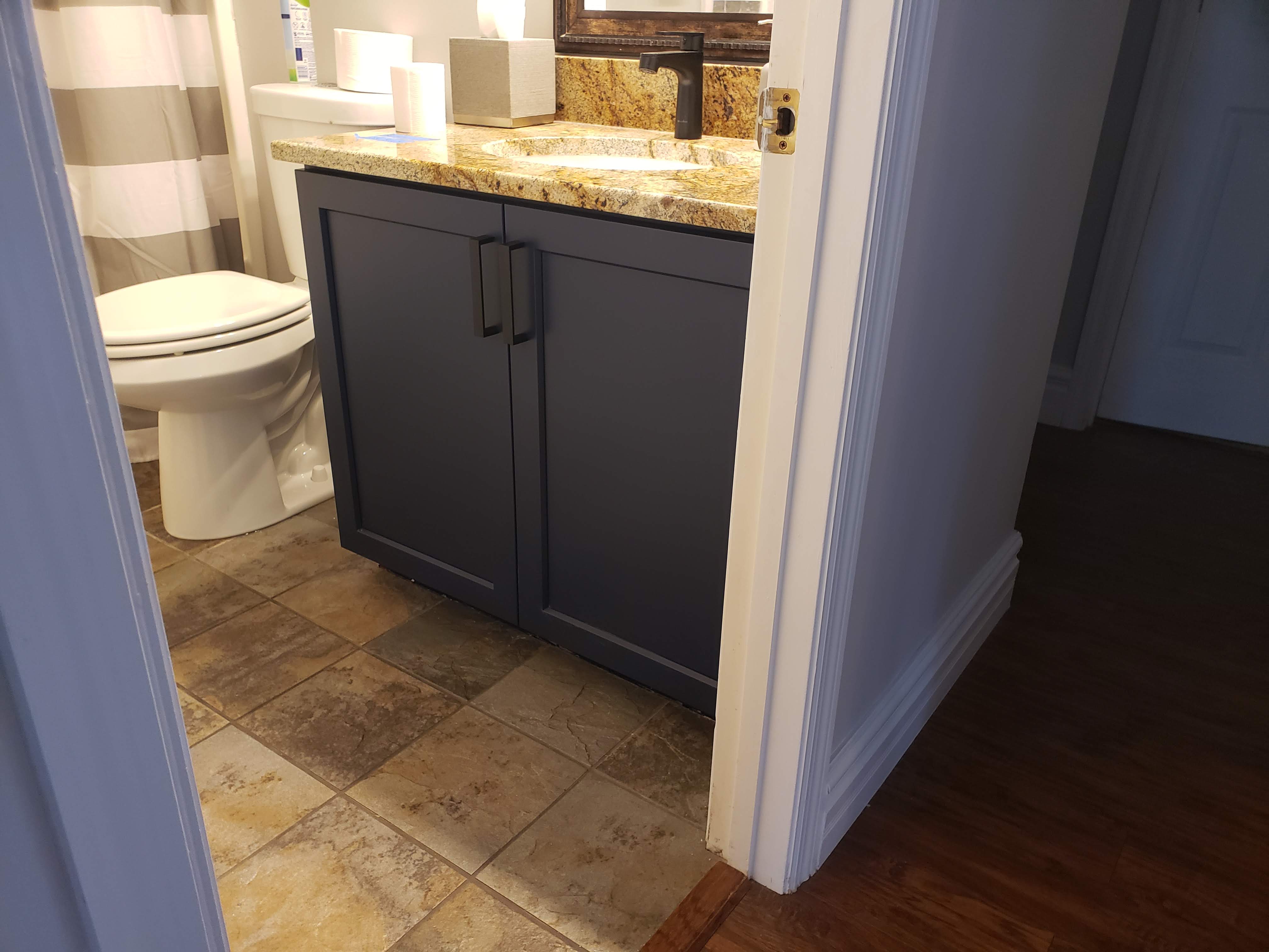 Regent Blue, Beveled Shaker, Wine Cubes, Stacked Cabinets, Black Hardware