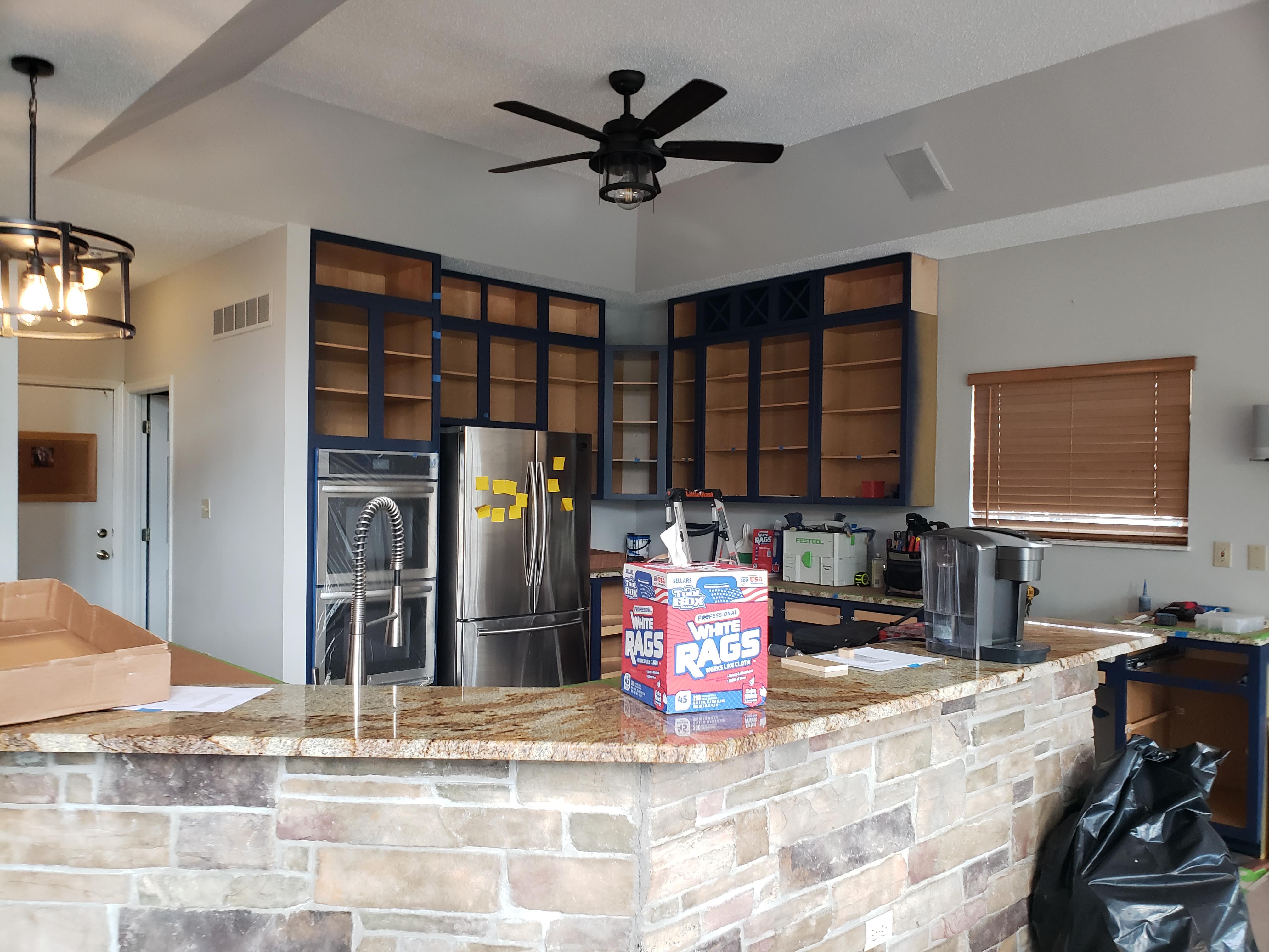 Regent Blue, Beveled Shaker, Wine Cubes, Stacked Cabinets, Black Hardware