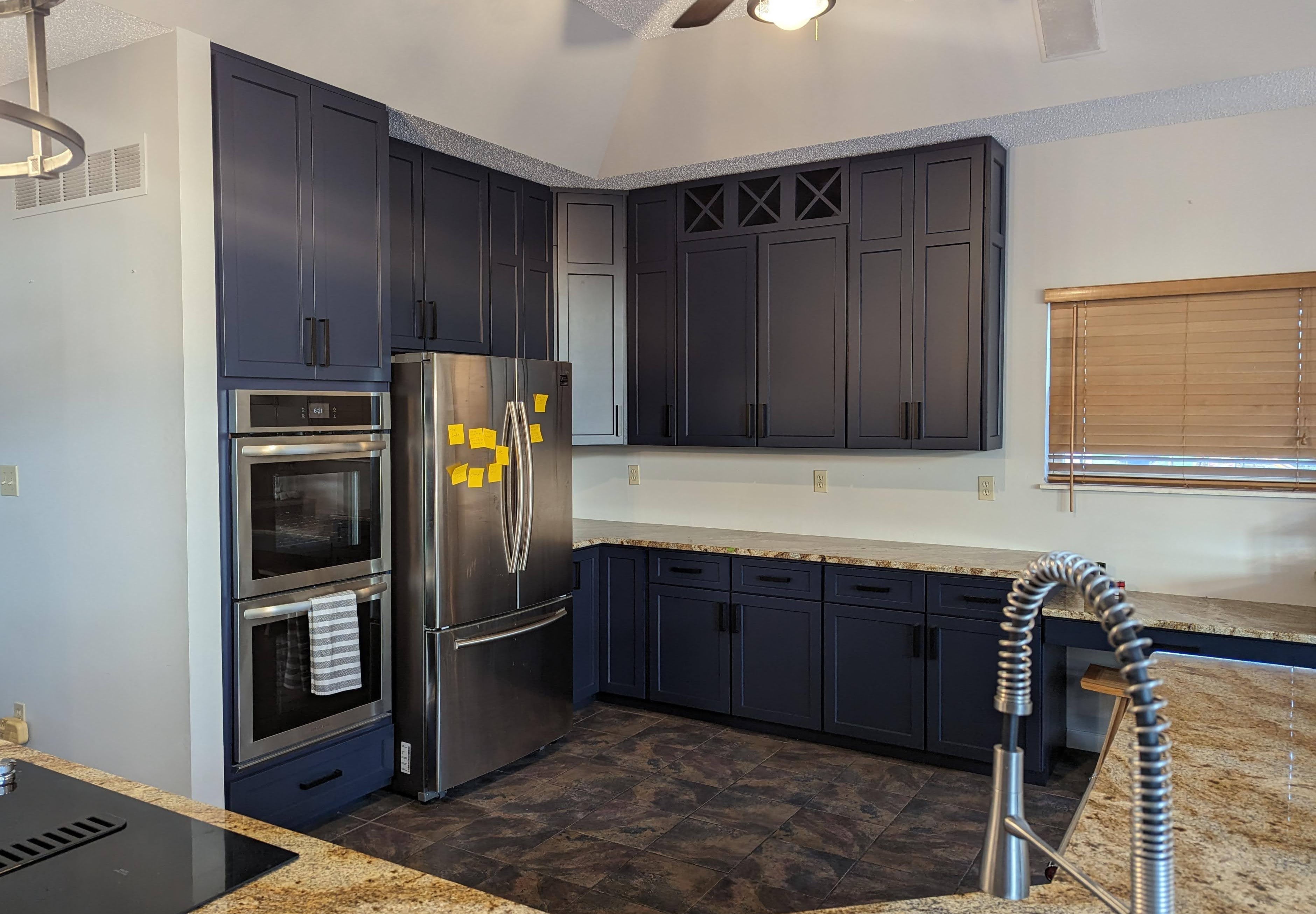Regent Blue, Beveled Shaker, Wine Cubes, Stacked Cabinets, Black Hardware