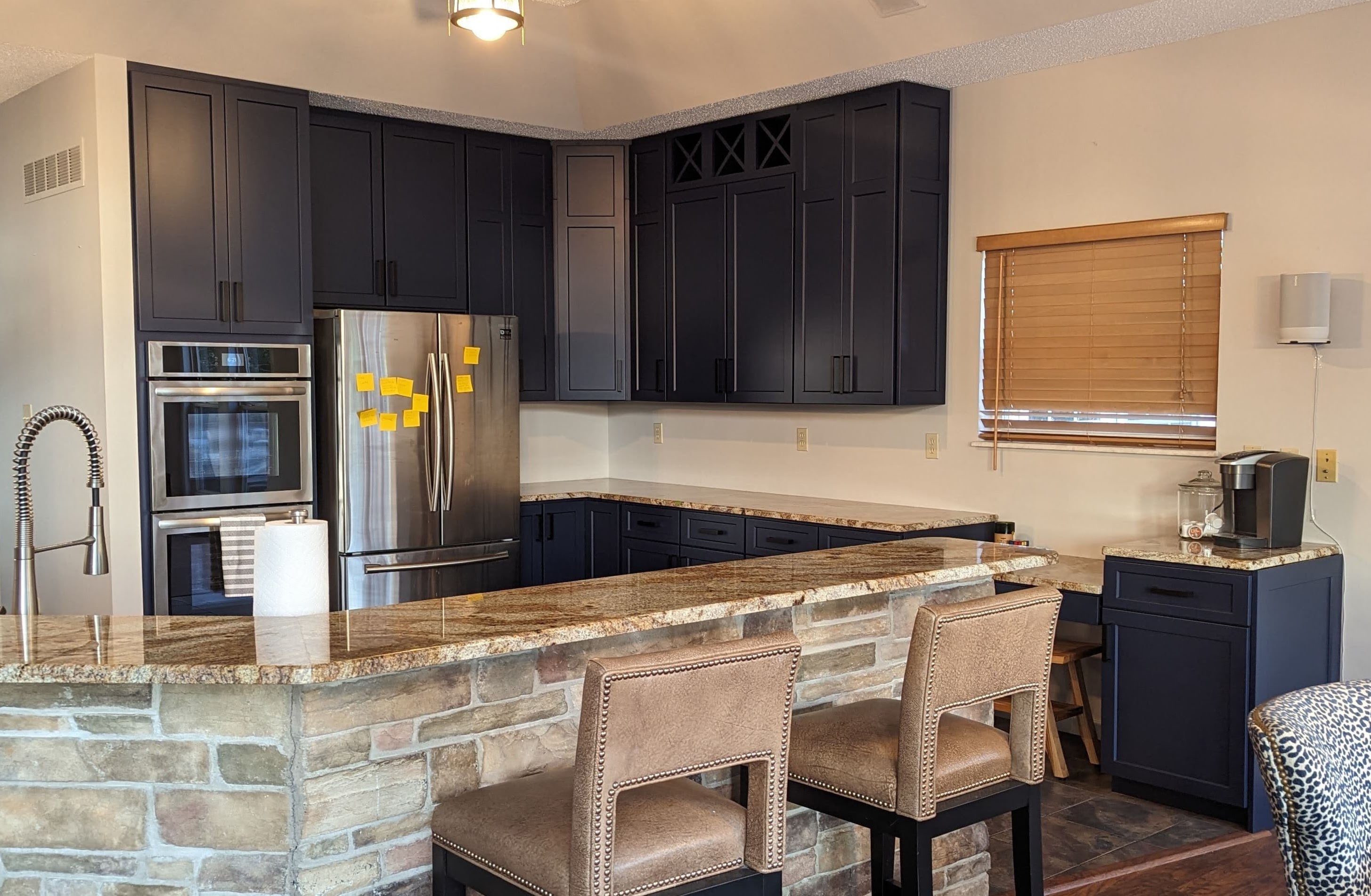 Regent Blue, Beveled Shaker, Wine Cubes, Stacked Cabinets, Black Hardware