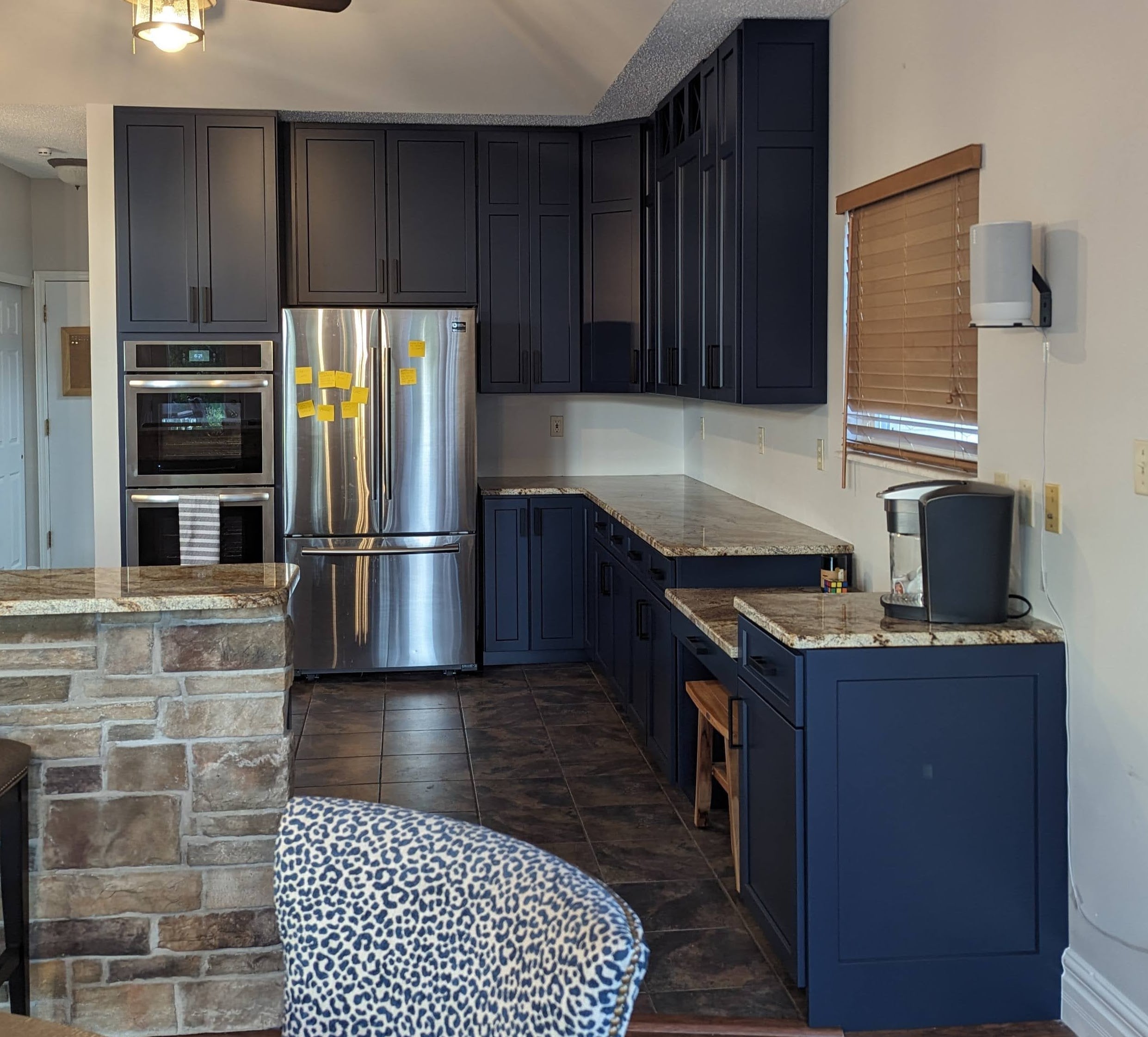Regent Blue, Beveled Shaker, Wine Cubes, Stacked Cabinets, Black Hardware