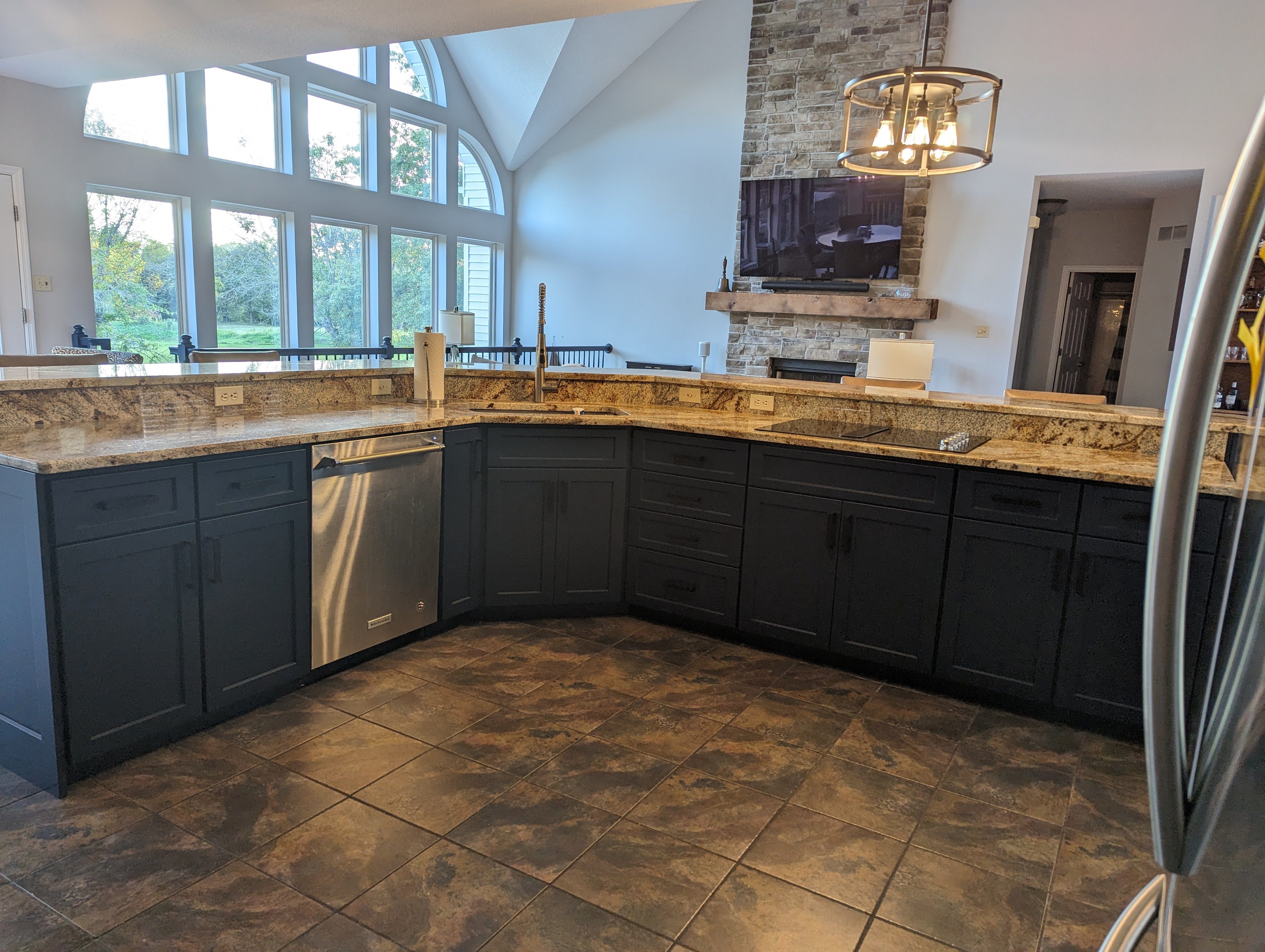 Regent Blue, Beveled Shaker, Wine Cubes, Stacked Cabinets, Black Hardware