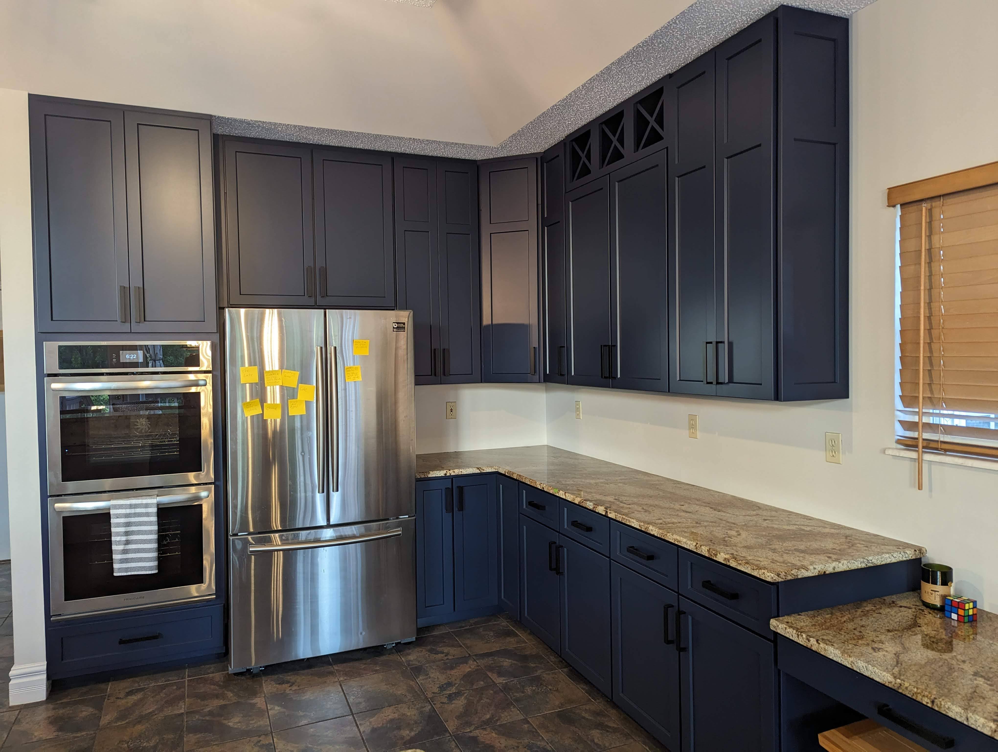 Regent Blue, Beveled Shaker, Wine Cubes, Stacked Cabinets, Black Hardware
